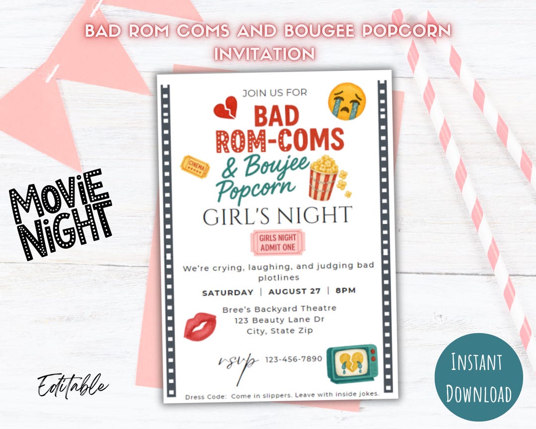 Bad Rom Com Movie Night Invitation 5x7 Editable Girls Night Invite ...