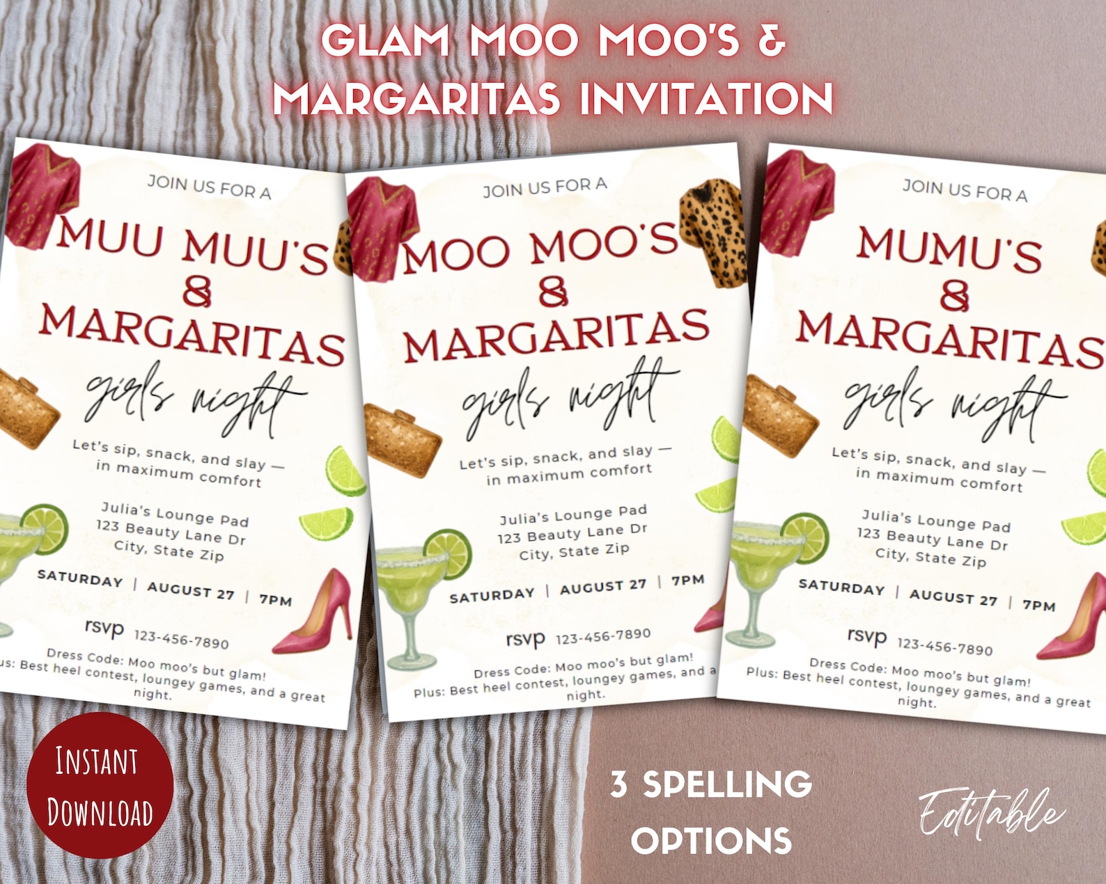 Glam Moo Moos & Margaritas Invitation: Girls Night Out, Bachelorette ...