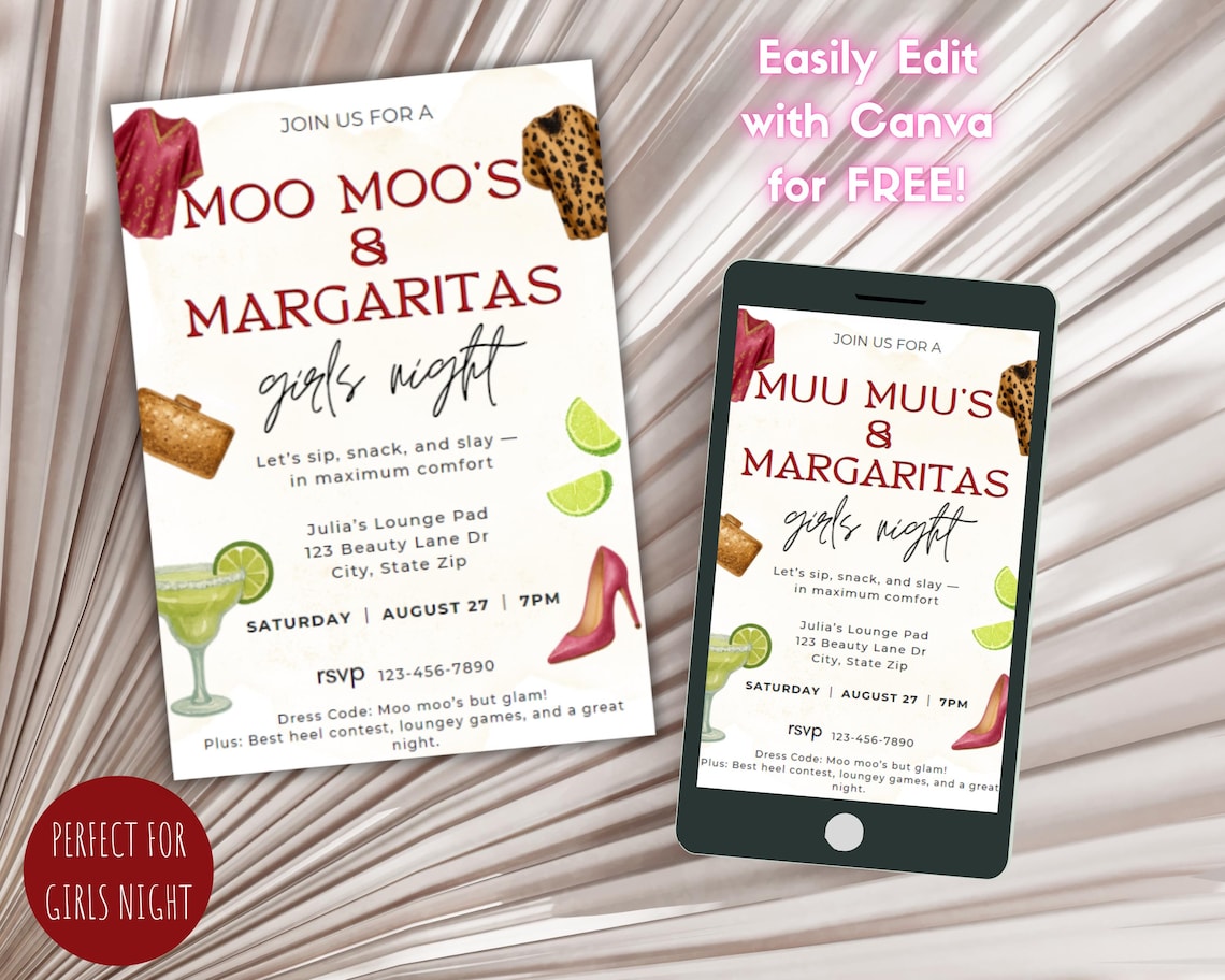 Glam Moo Moos & Margaritas Invitation: Girls Night Out, Bachelorette ...