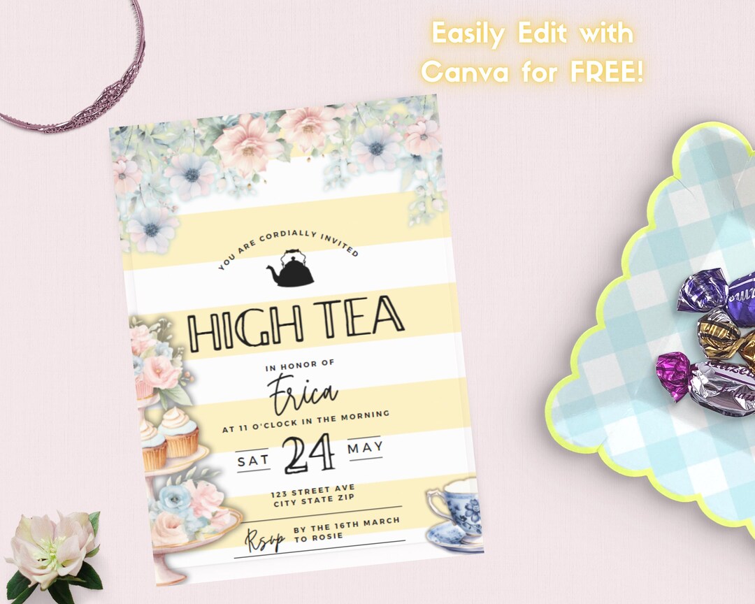 High Tea Birthday Party Invitation 5x7 Editable Yellow Tea Party Invite ...
