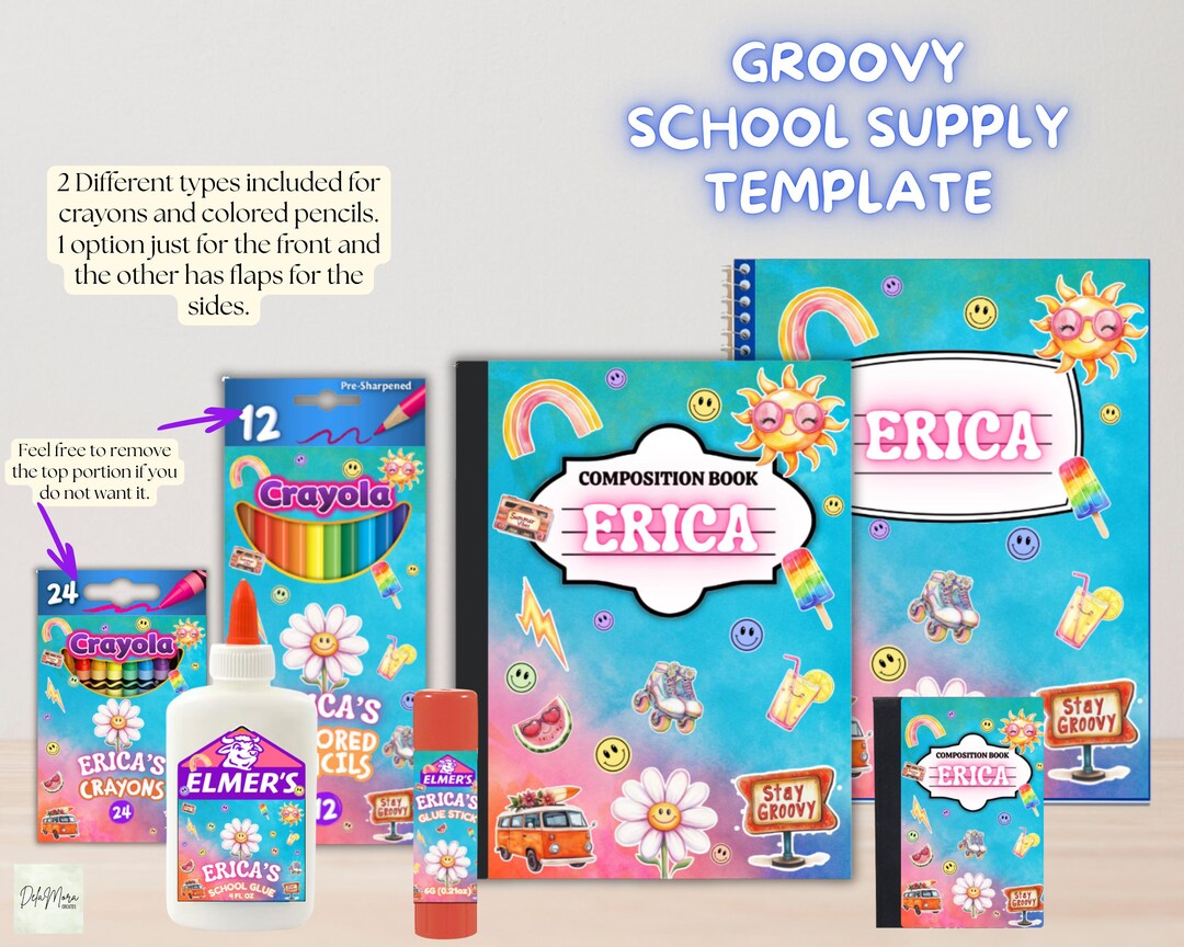 Groovy School Supply Labels Template Editable Name Labels Retro Hippie ...