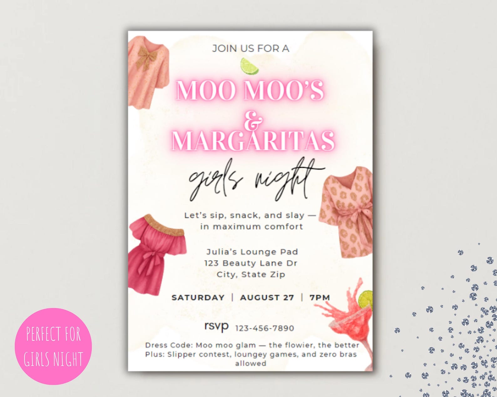 Pink Moo Moos & Margaritas Party Invite 5x7 Editable Girls Night Invite ...