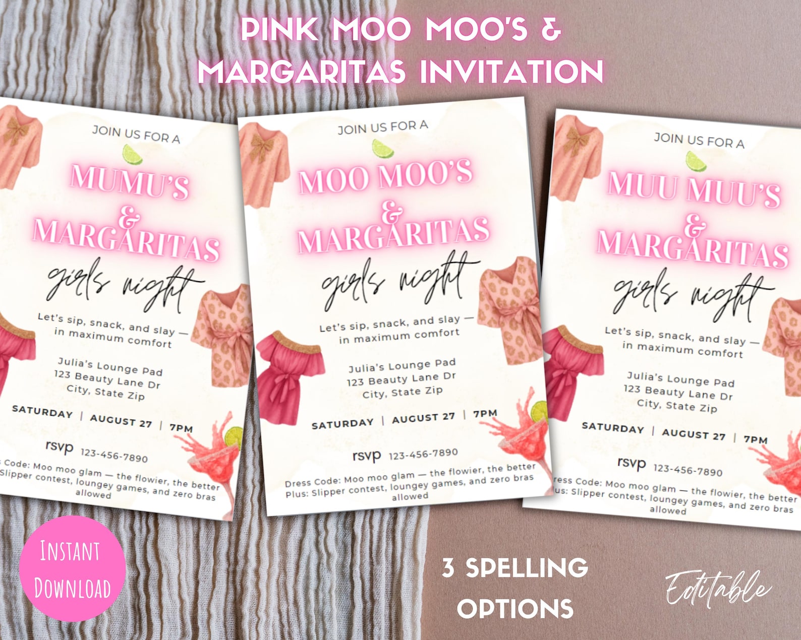 Pink Moo Moos and Margaritas Party Invitation: Girls Night Out, Bachelorette (digital, Editable ...