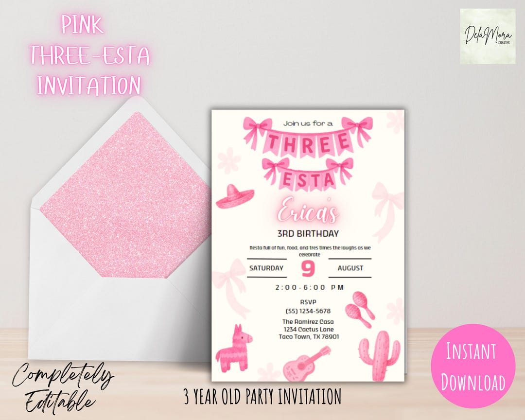 Three Esta Girl Birthday Invitation 5x7 Editable Pink Fiesta Party ...
