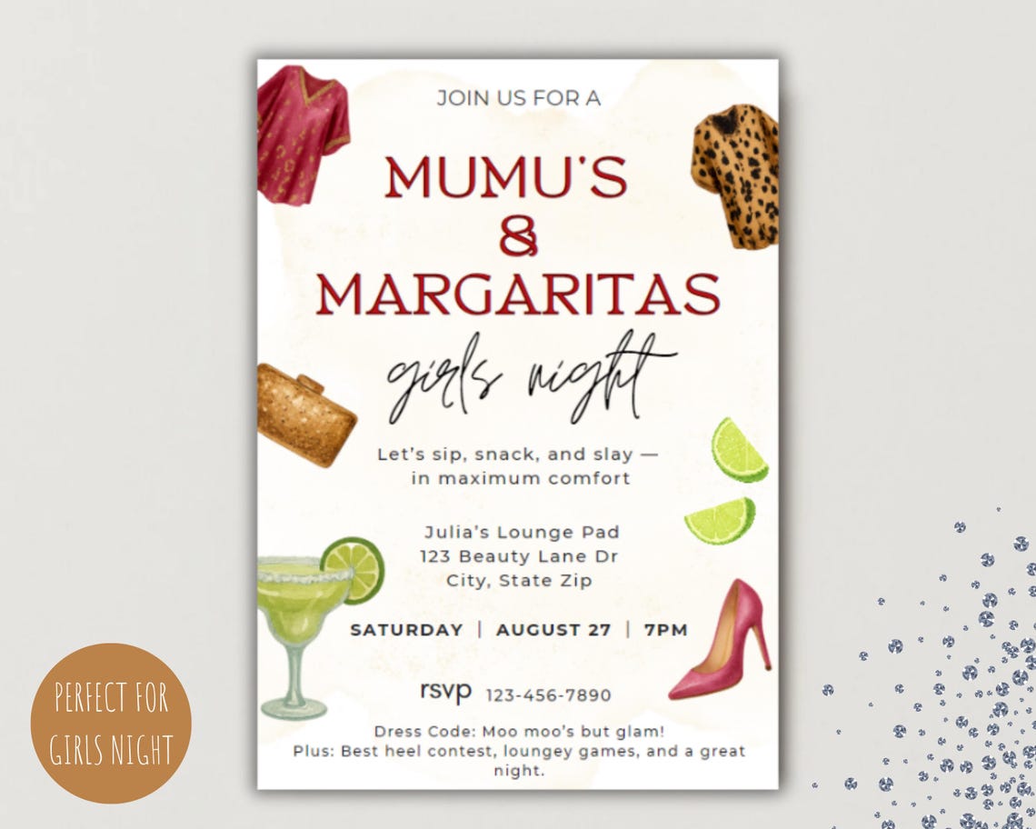 Glam Moo Moos & Margaritas Invitation: Girls Night Out, Bachelorette ...