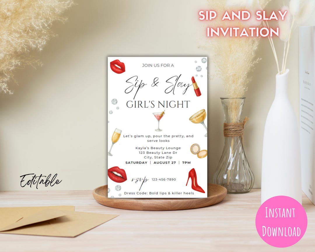 Sip and Slay Party Invitation 5x7 Editable Girls Night Invite Cocktail ...