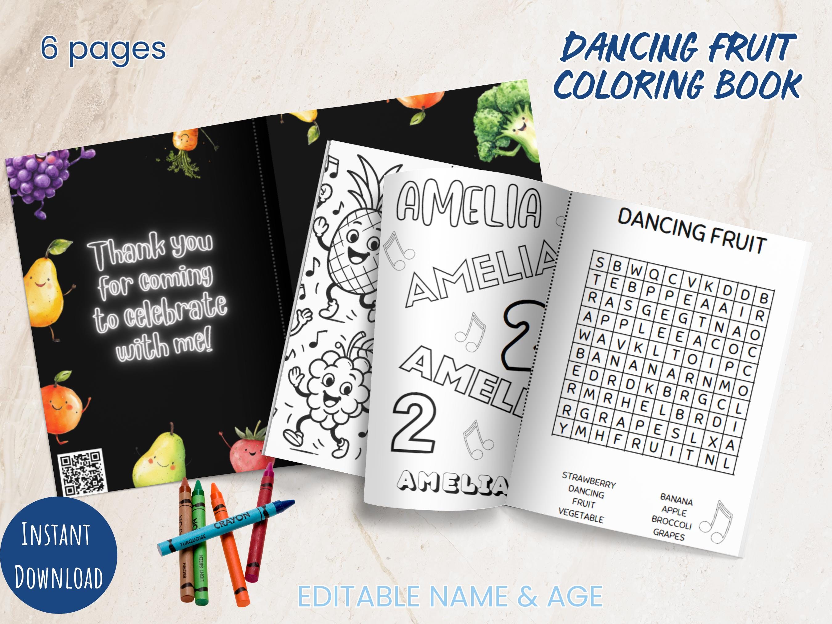 Dancing Fruit Coloring Book: Editable Kids Birthday Party Activity ...