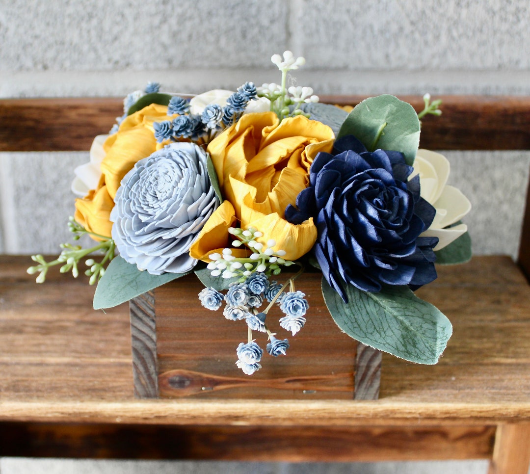 Mustard Yellow, Navy, and Dusty Blue Floral Arrangement, Floral ...