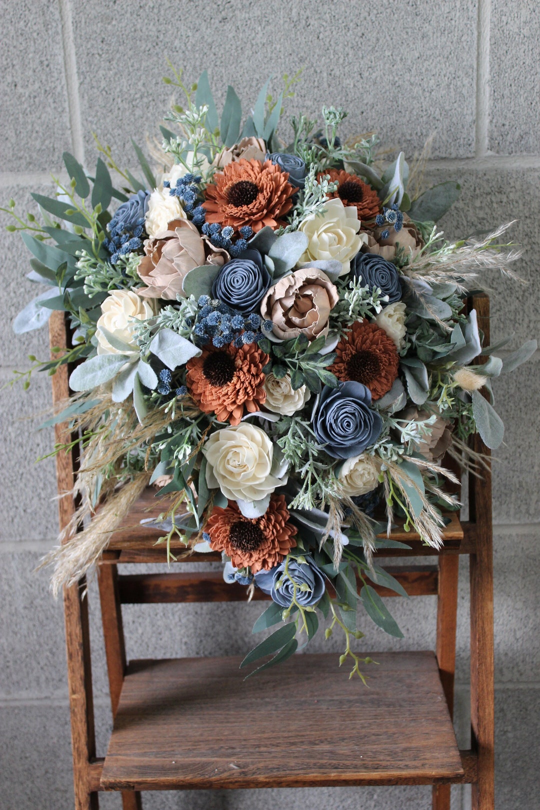 Terracotta, Beige, and Dusty Blue Wooden Flowers Bridal Bouquet, Blue ...