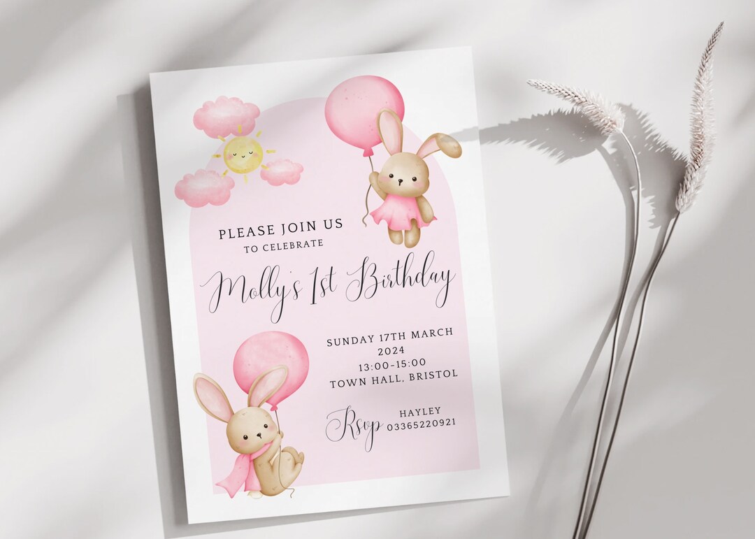 Personalised Bunny Birthday Invitations ~ Bunny Invites ~ 1st Birthday ...