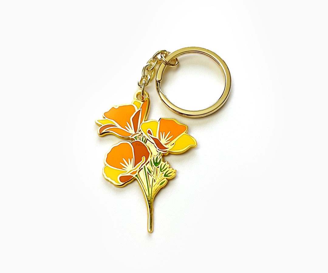 California Poppy Keychain, Poppy Keychain, Hard Enamel Gold Keychain 2 ...