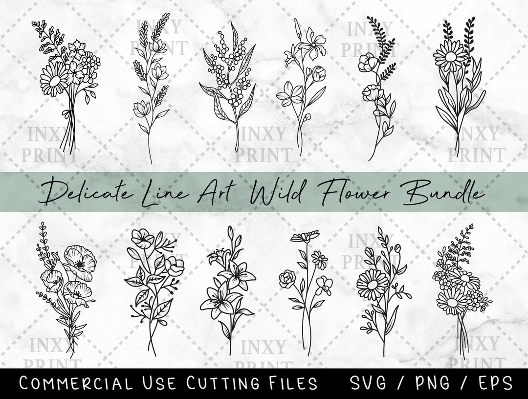 Delicate Line Art Wild Flower Bundle Svg Files for Cricut & Silhouette ...