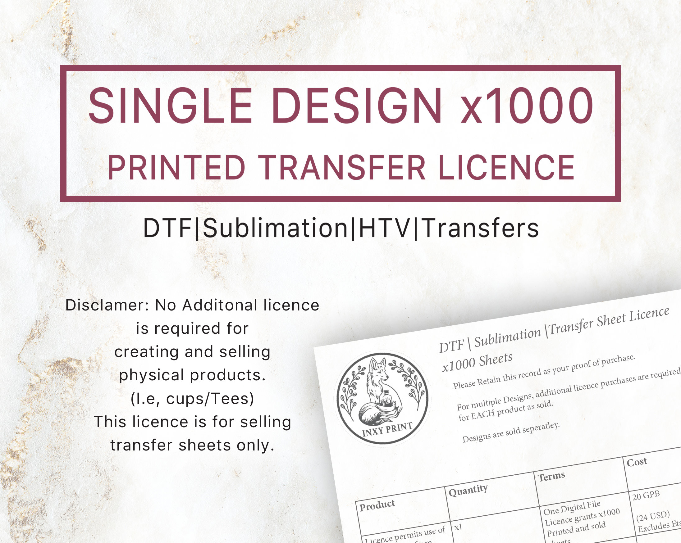 Printed Transfer Licence SINGLE DESIGN X 1000 Sheets | Dtf Transfers ...