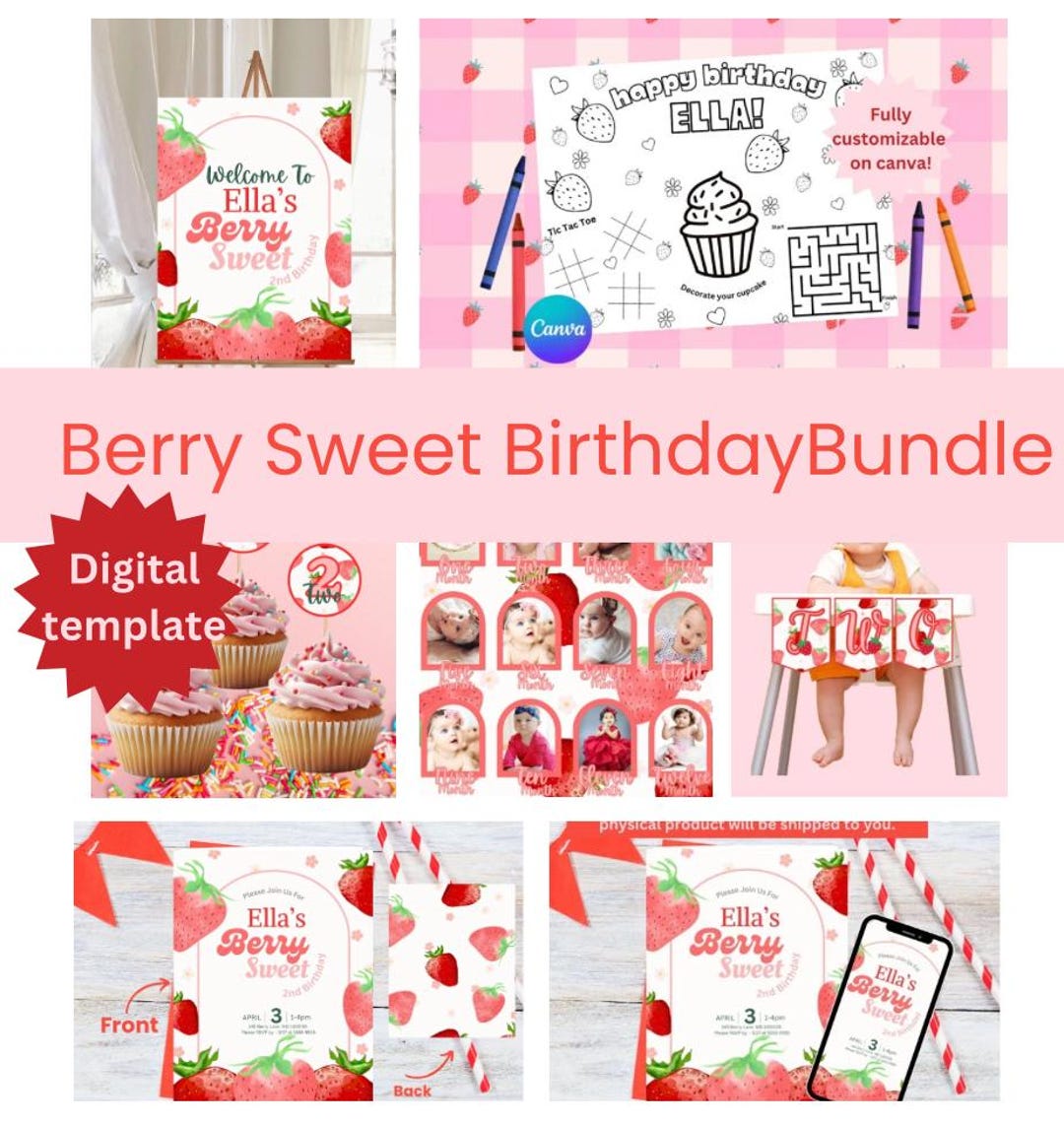 Berry Sweet Birthday Template Bundle/ Strawberry Birthday Decor ...