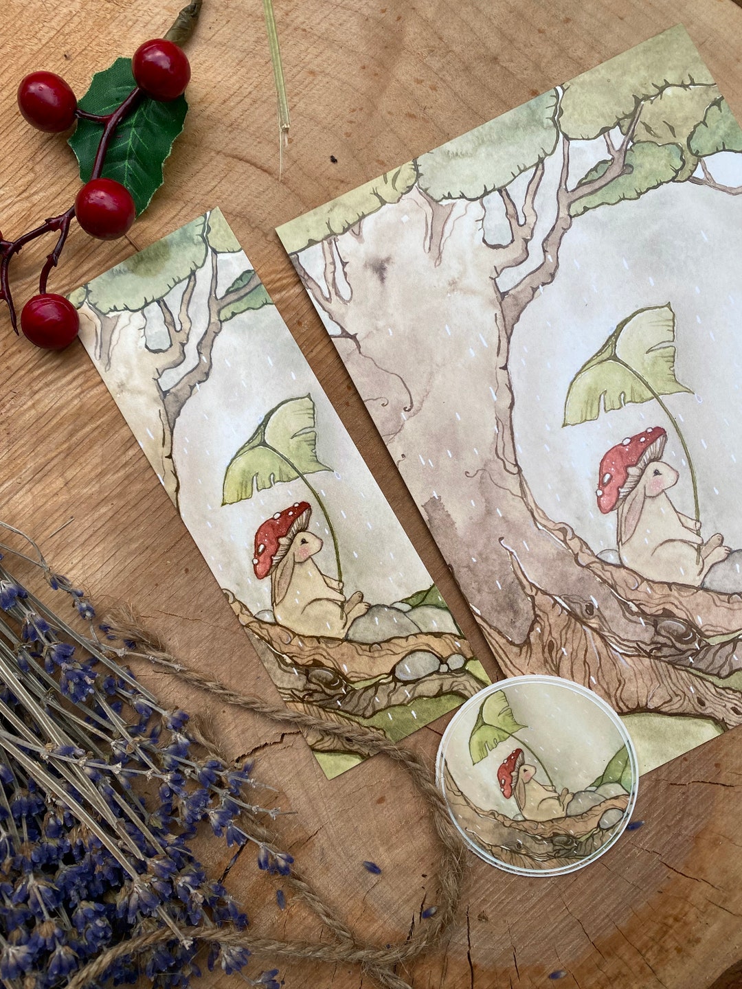 Rainy Day Bunny mini Art Print 5x7 Bookmark and Sticker - Etsy