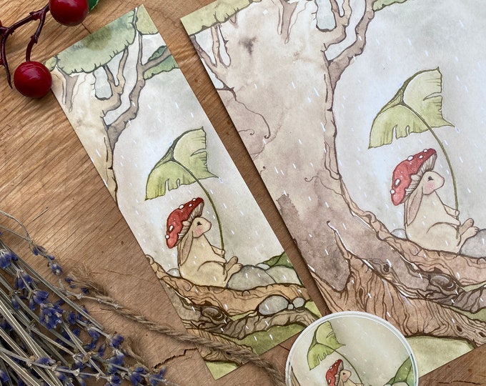 Rainy Day Bunny (mini Art Print 5x7) + Bookmark (sticker Not Included ...