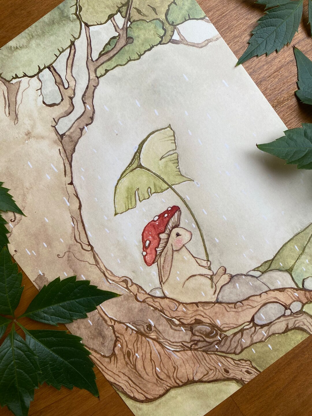 Rainy Day Bunny mini Art Print 5x7 Bookmark and Sticker - Etsy