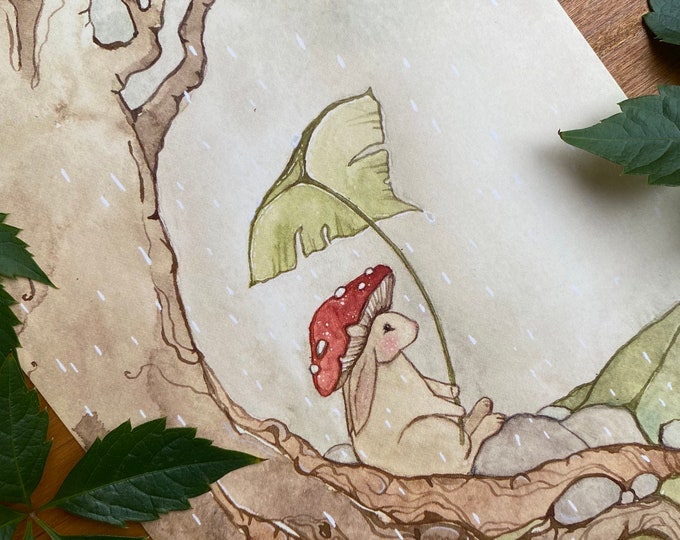 Rainy Day Bunny mini Art Print 5x7 Bookmark and Sticker - Etsy