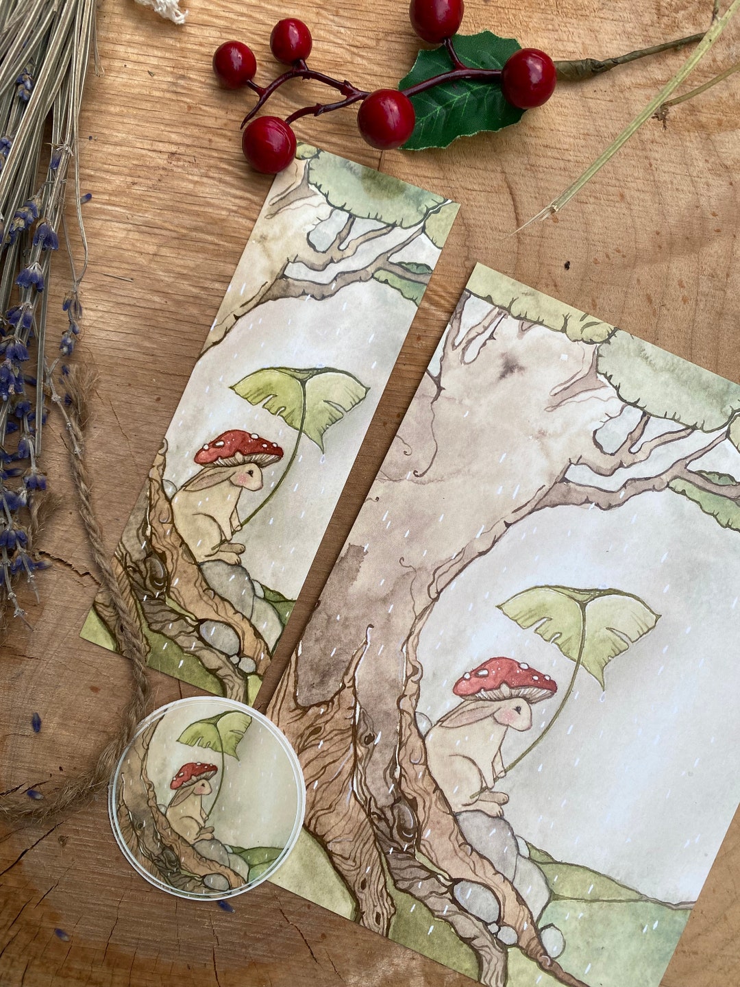 Rainy Day Bunny mini Art Print 5x7 Bookmark and Sticker - Etsy
