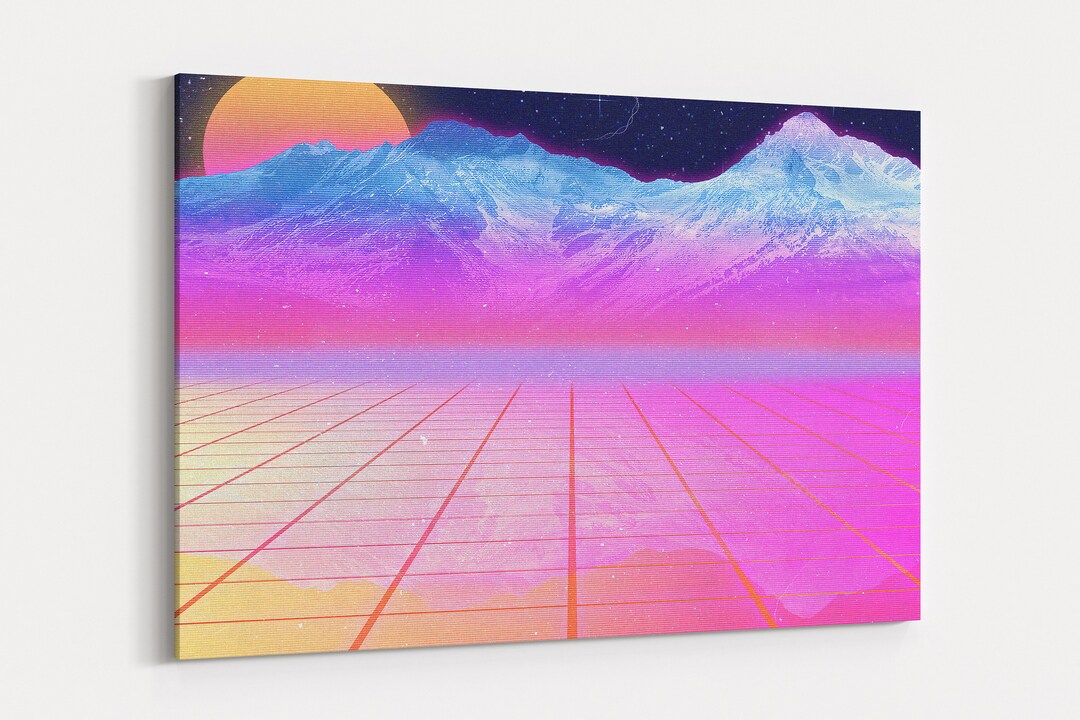 Synthwave Retrowave Sunset Mountain Canvas Wall Art, Synthwave Canvas ...