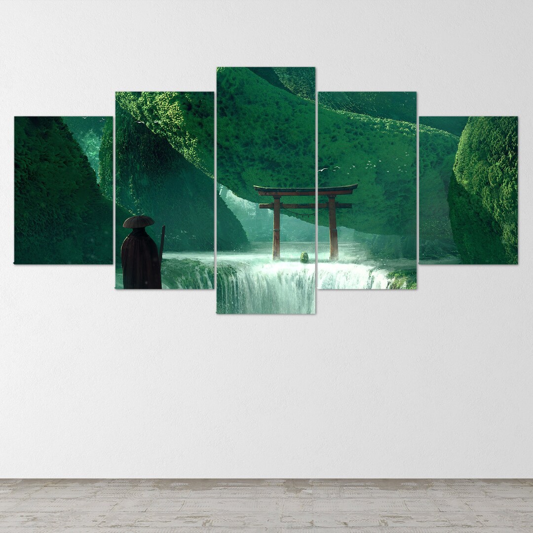 Japanese Spirit Gate Torii, Samurai Warrior, Waterfall Landscape, 5 ...