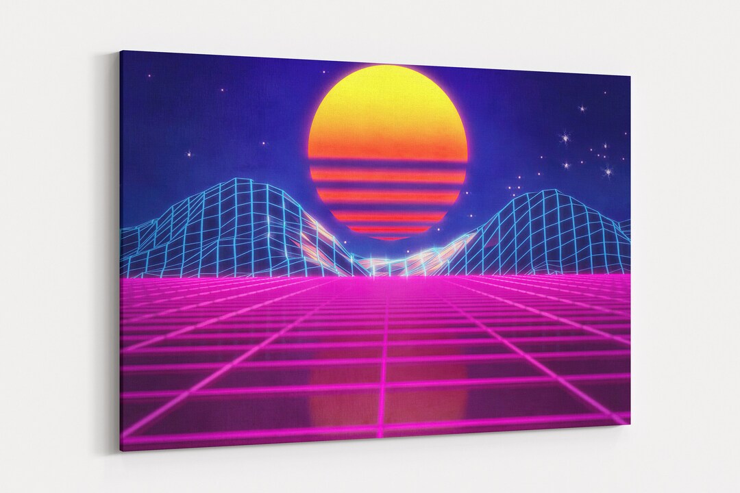 Synthwave Retrowave Sunset Mountain Canvas Wall Art, Synthwave Canvas ...