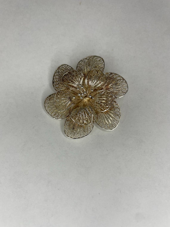 Vintage Italian Filigree Silver Flower Brooch, Signat… - Gem
