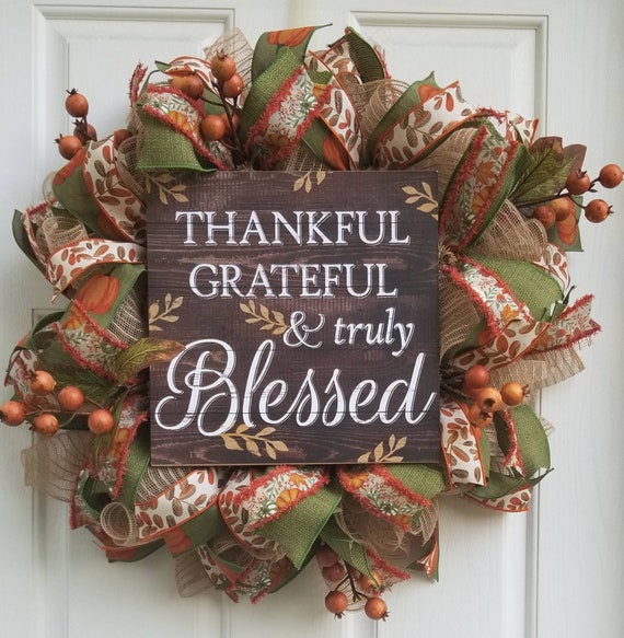 Thankful Grateful Blessed Fall Wreath with autumn leaves | Etsy