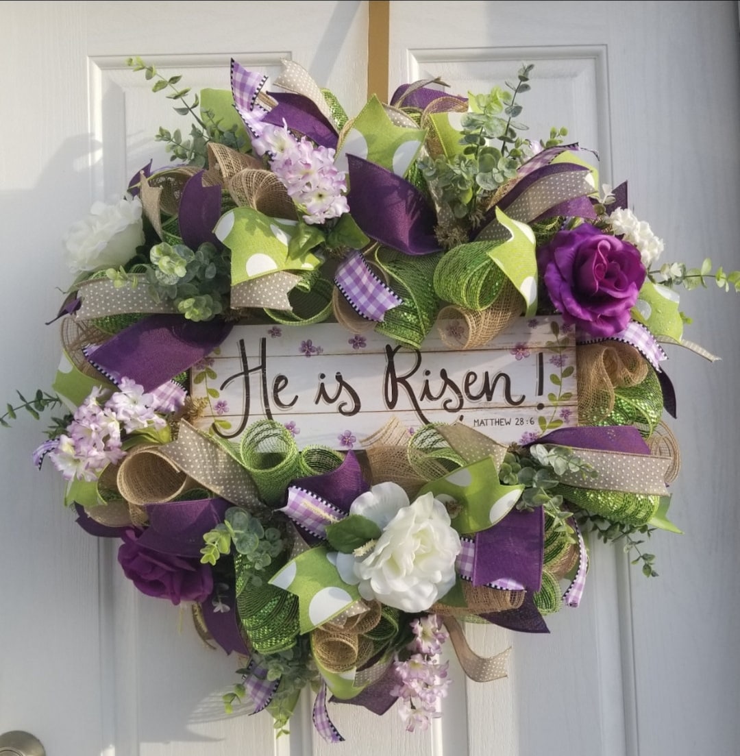Spring Religious Easter Wreath for Front Door Rose Florals He is Risen ...