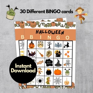 Halloween Bingo Cards, Halloween Bingo for Kids, Halloween Bingo 30 ...