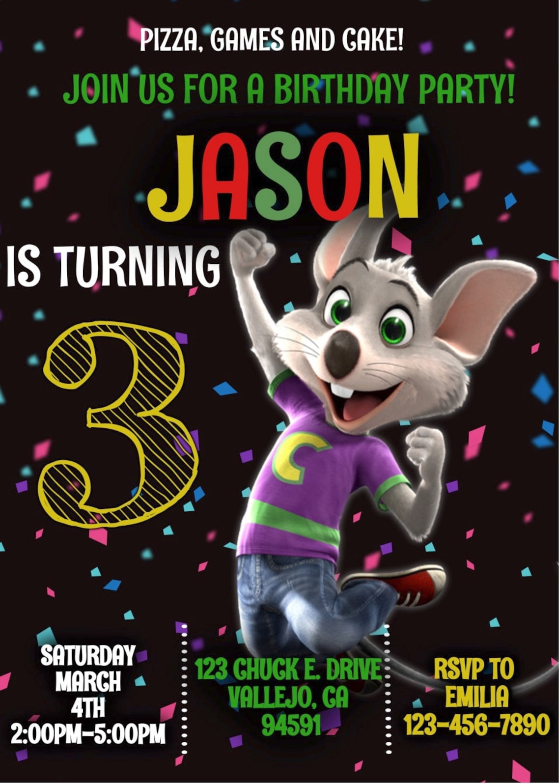 Digital Chuck E. Cheese Birthday Invitation, Self Edit Digital ...
