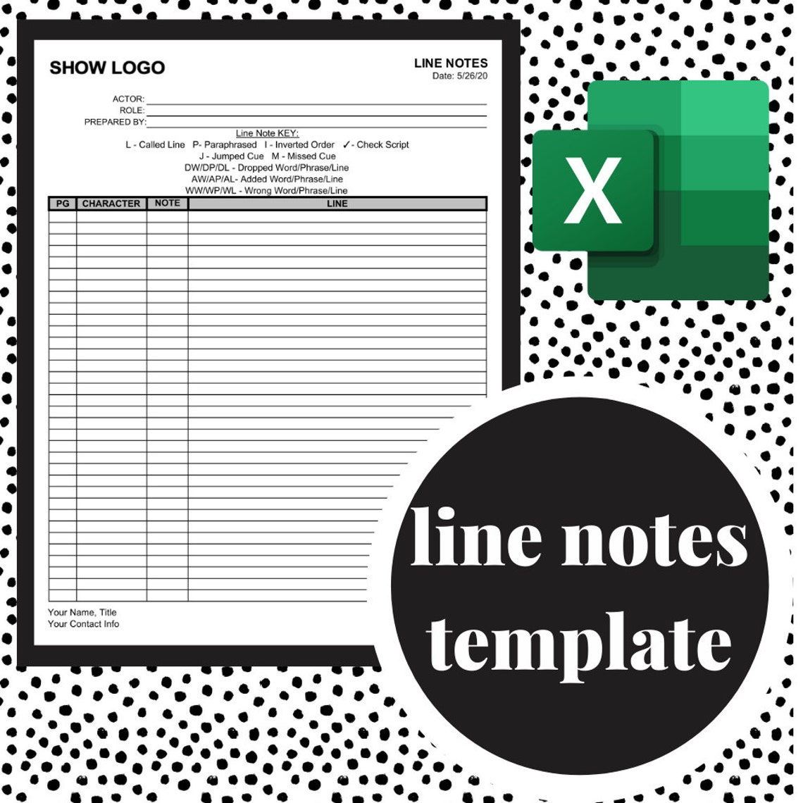Stage Management Line Notes Excel Template - Etsy