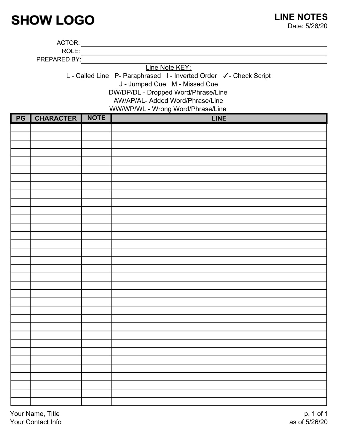 Stage Management Line Notes Excel Template - Etsy