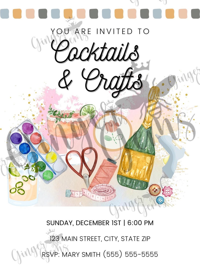 Cocktails & Craft Party Invitation Template, Girls Night Invite Card ...