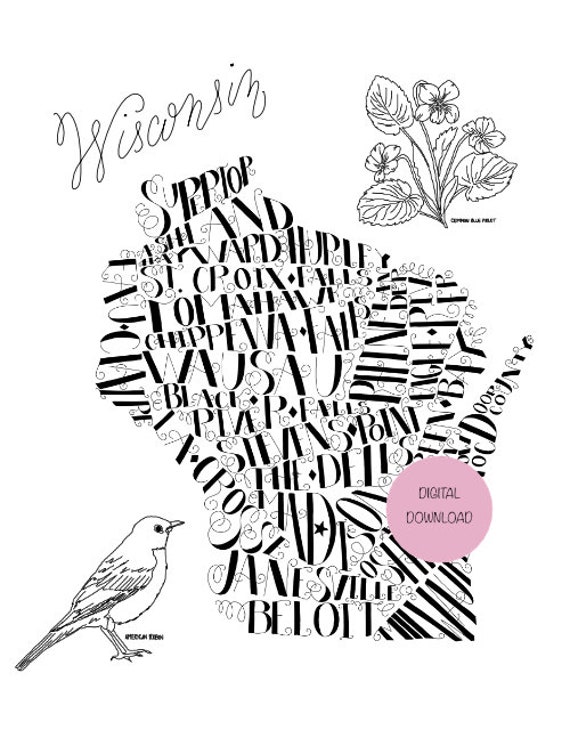 Hand-lettered State of Wisconsin Map With Major Cities Wall | Etsy