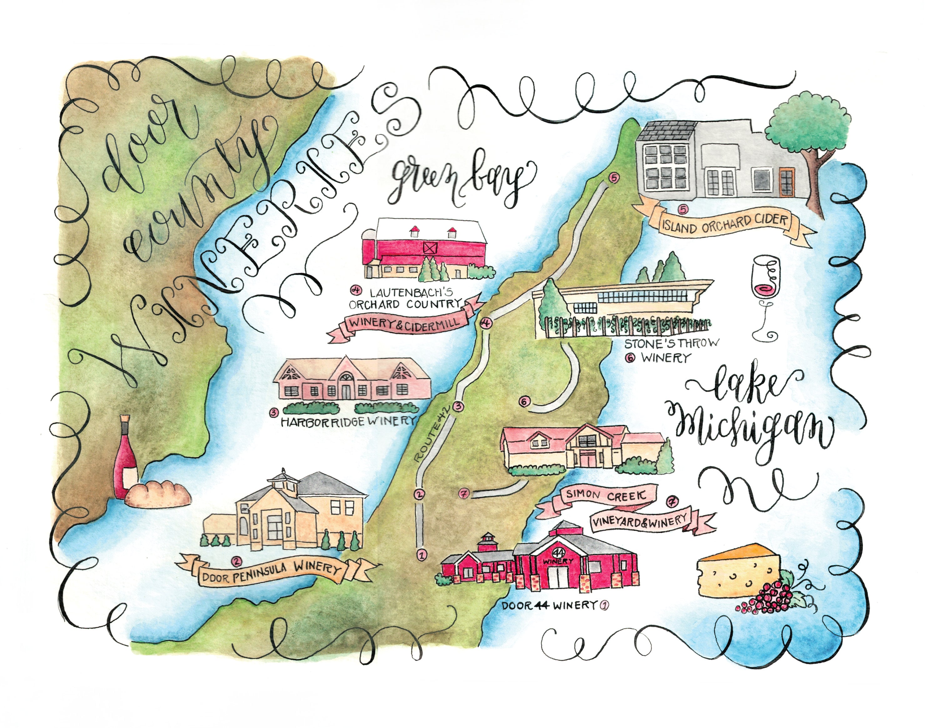 Door County Wineries Illustrated Watercolor Map Etsy