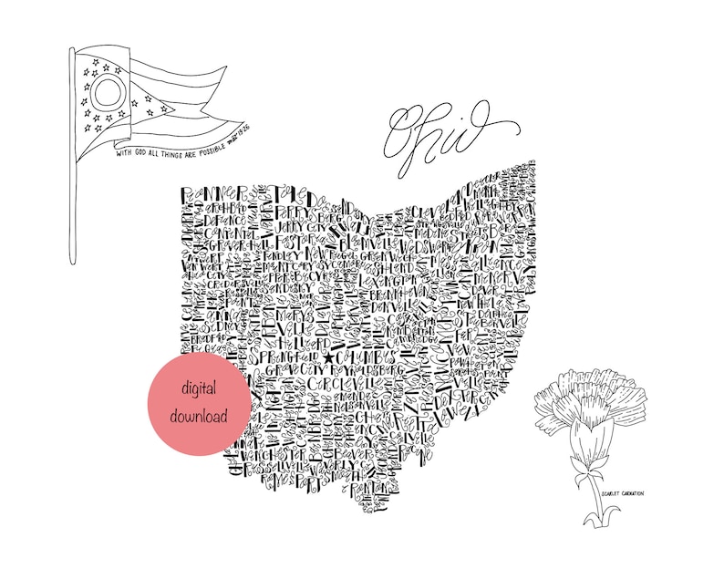 Hand-lettered State of Ohio Map With Major Cities Wall Art - Etsy