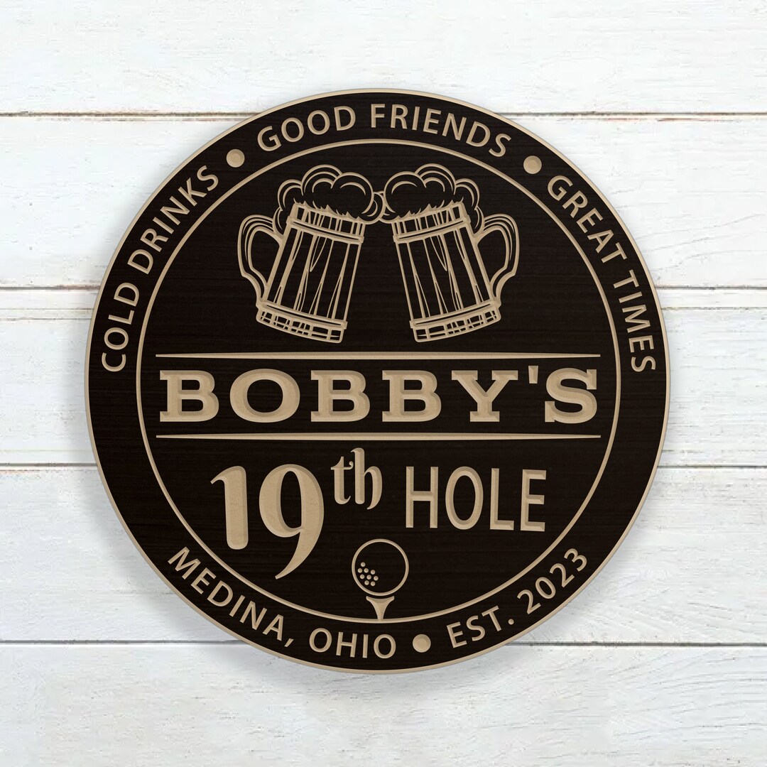 19th Hole Bar Sign With Beer Mugs and Name / Personalized Golf Bar Sign ...