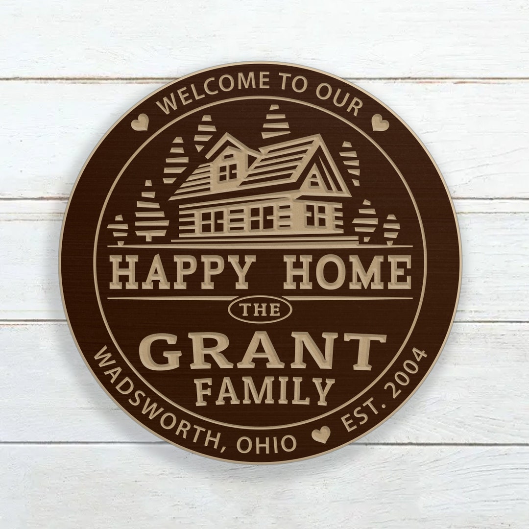 Happy Home Sign / Personalized Cabin Sign / Carved Wood Sign / Custom ...
