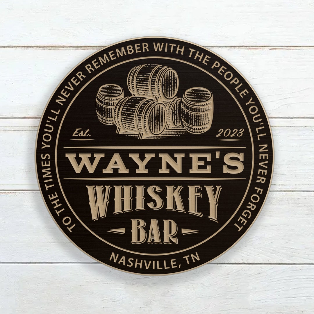 Carved Whiskey Bar Wood Sign With Barrels / Personalized Whiskey Bar ...