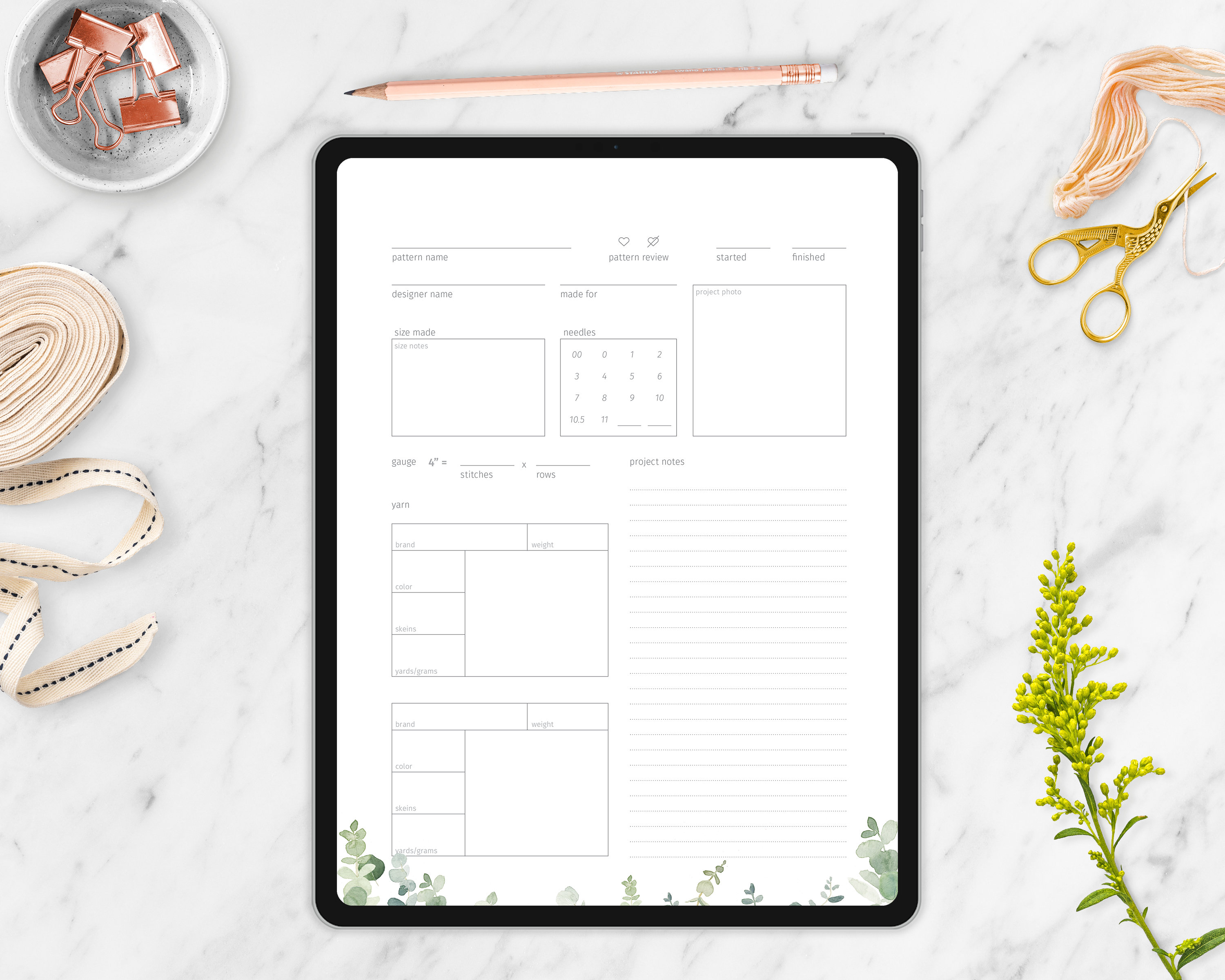 Knitting Worksheet for Knitting Planner Eucalyptus - Etsy