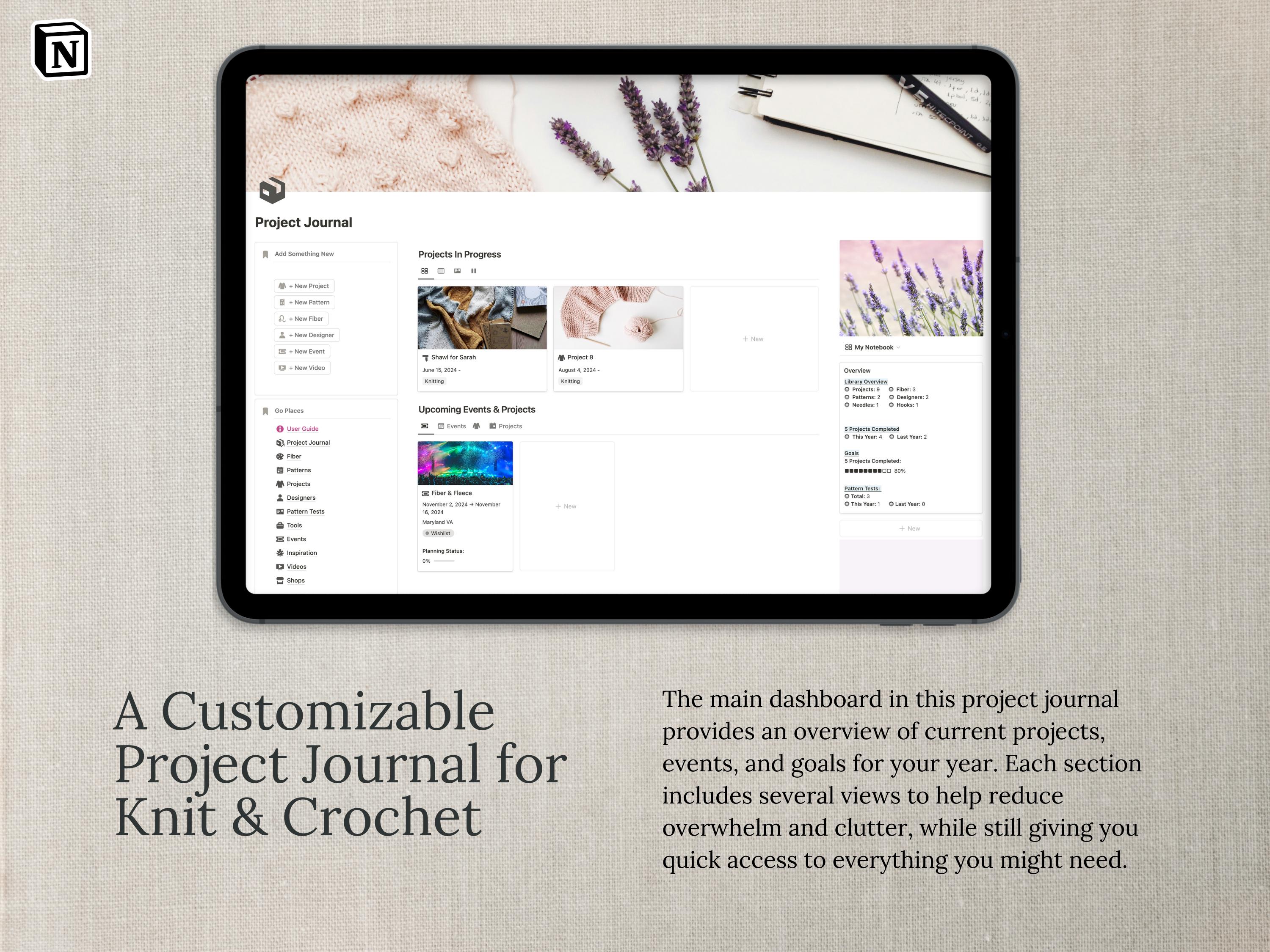 Notion Template - Fiber Crafting Project Journal | Knitting & Crochet ...