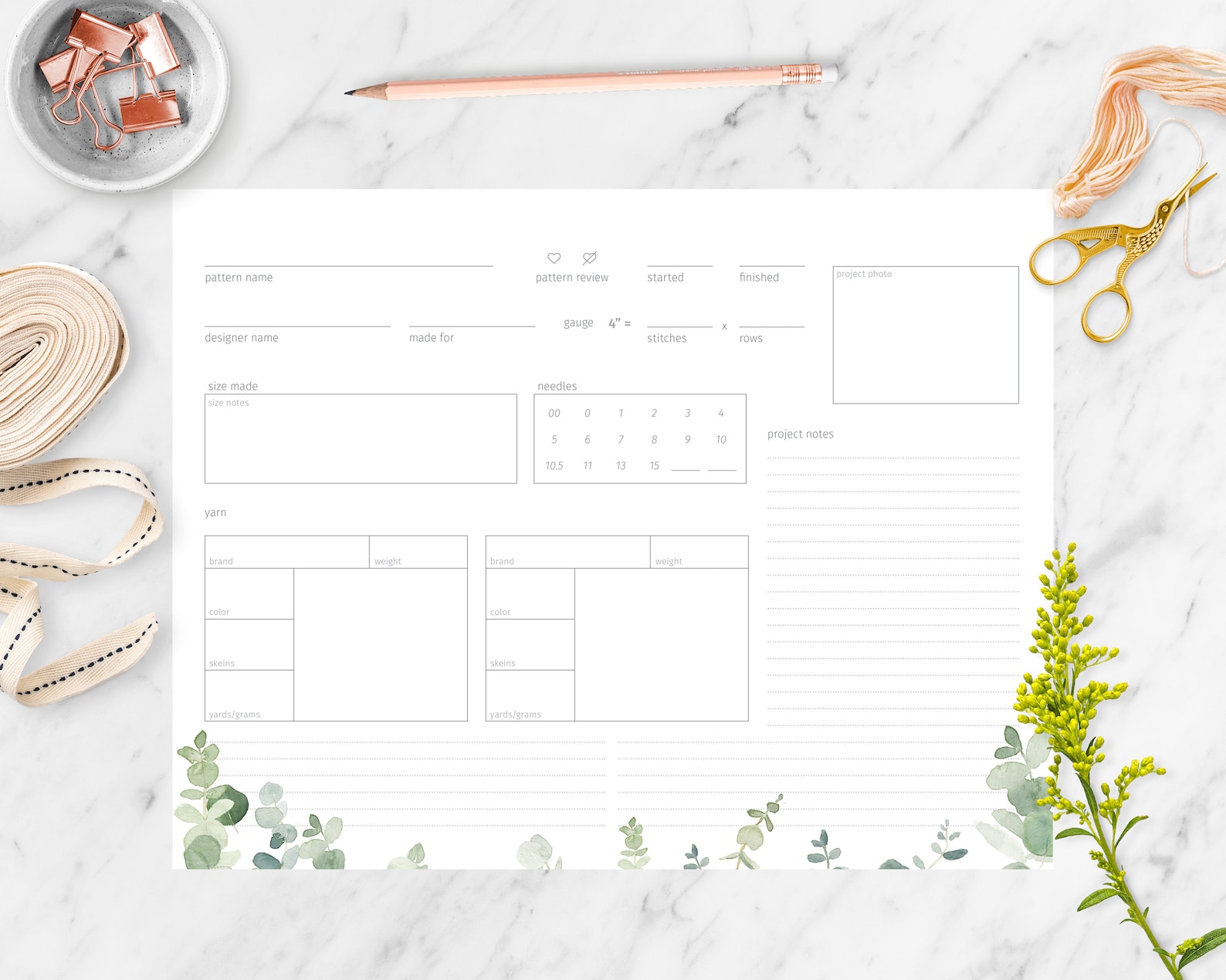 Knitting Worksheet for Knitting Planner Eucalyptus - Etsy