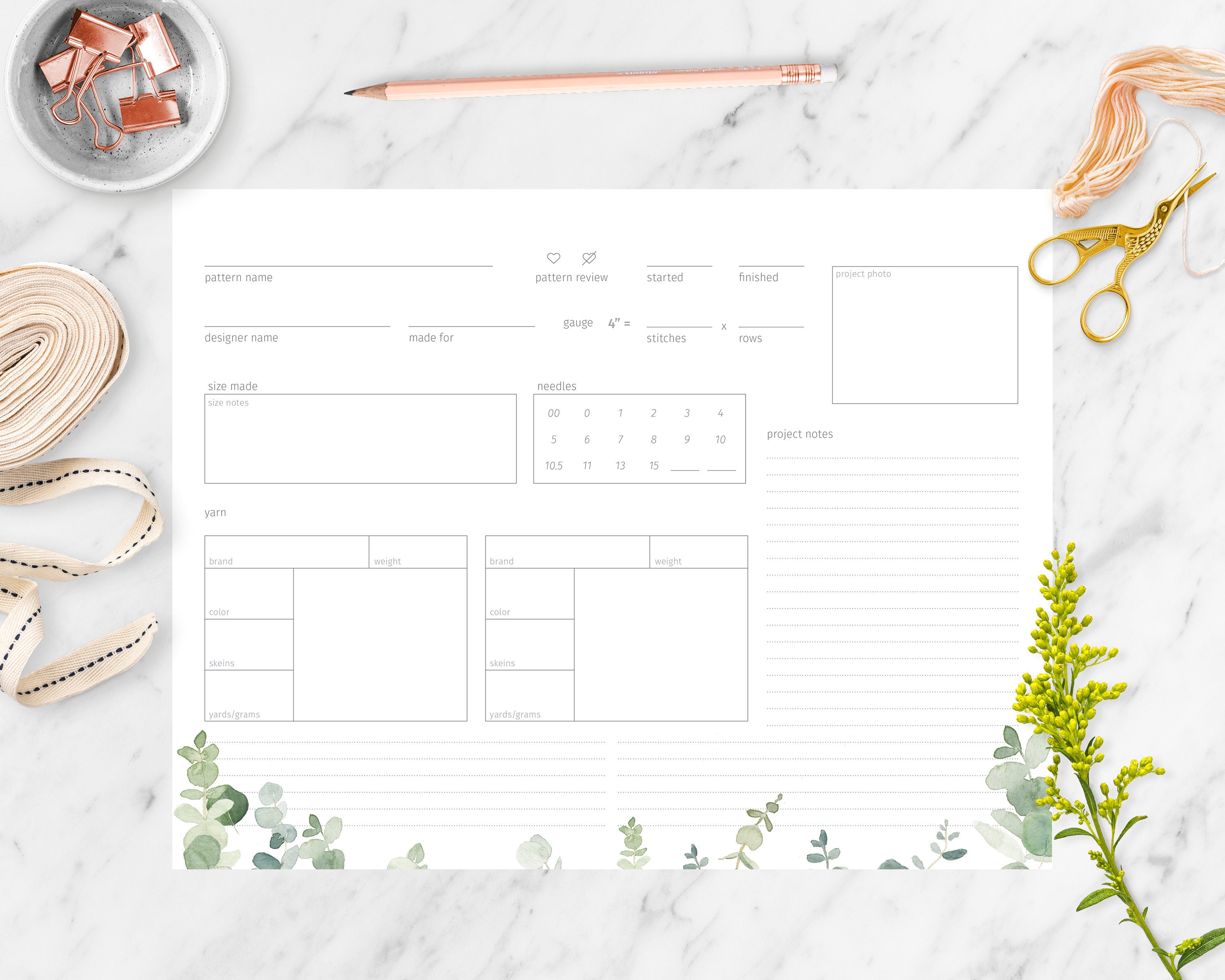 Knitting Worksheet for Knitting Planner | Eucalyptus | Printable and ...