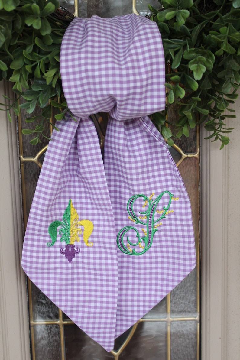 Mardi Gras Wreath Sash, Boxwood Wreath Sash, Front Door Decor, Gingham ...