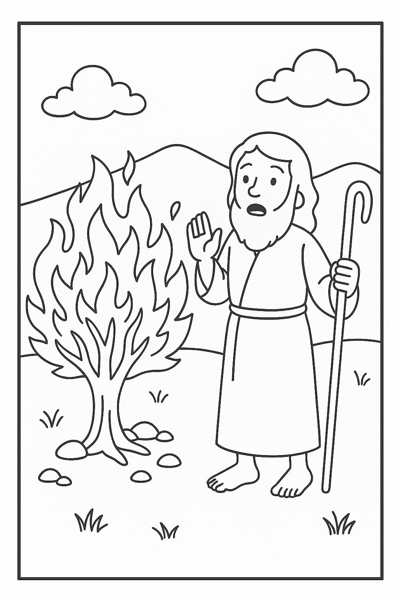 Moses Burning Bush Bible Coloring Sheets: Kids Sunday School Printable ...