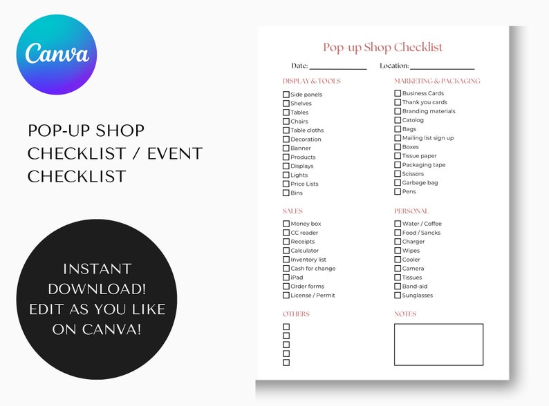 Pop-up Shop Checklist, Small Business Checklist, Small Biz Planner ...