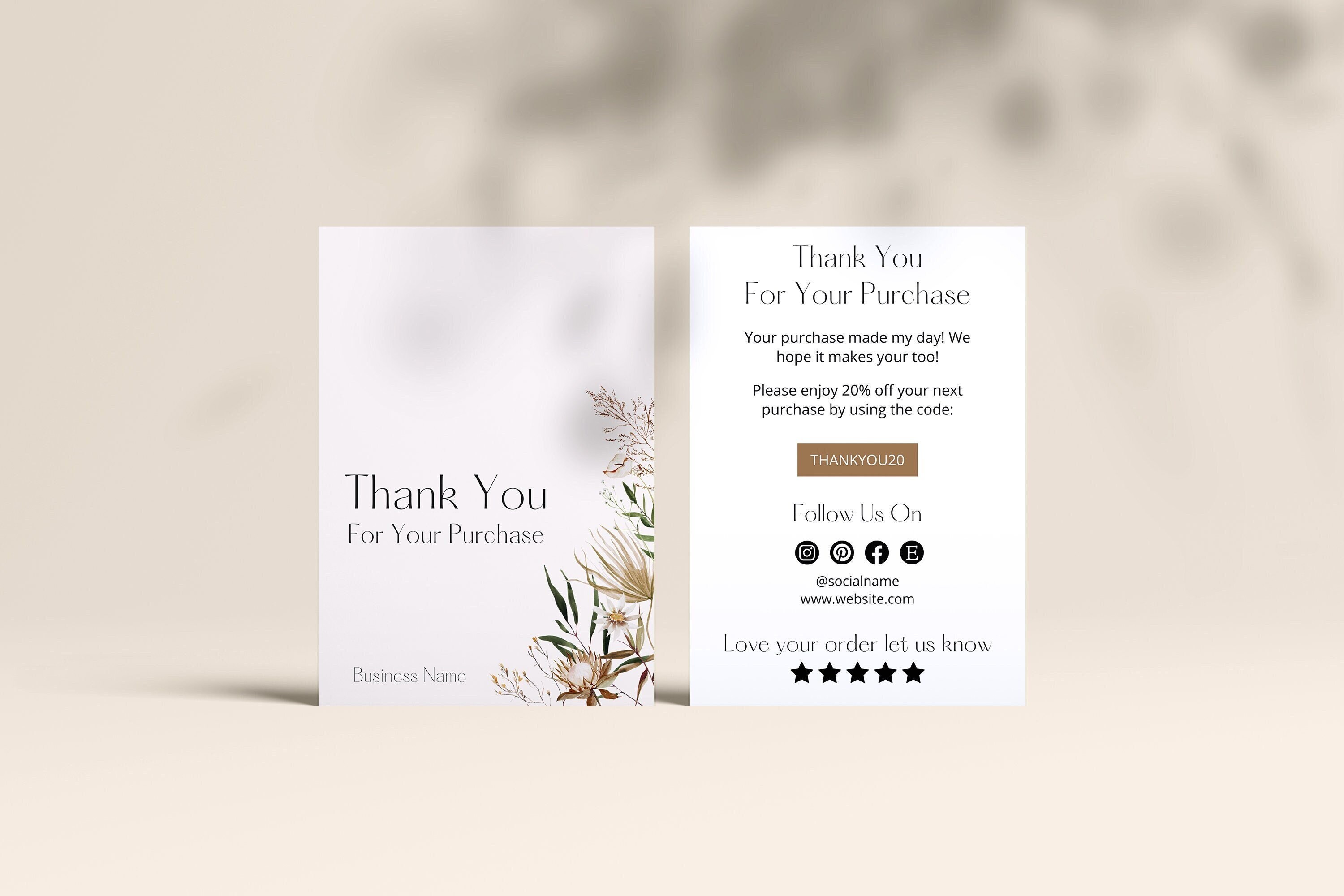 Boho Business Thank You Card Template, Botanical Thank You Package ...