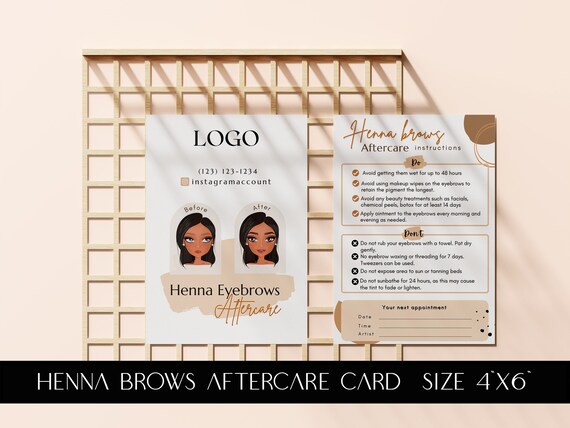 Paper Eyebrows Henna Aftercare card 6x4 Henna instructions card Hand ...