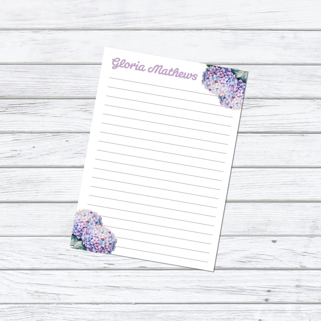 Hydrangea Themed Notepads, Personalized Stationary, Custom Writing Pad ...
